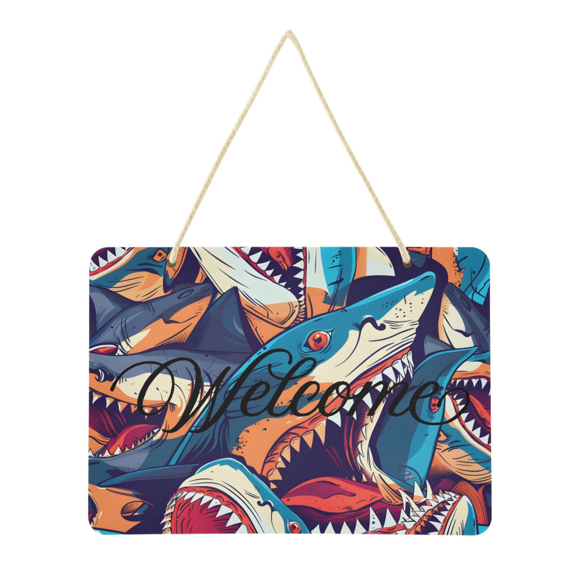 Angry Sharks Welcome Sign Front Door PVC 14x10 inch Hanger Hello Sign ...