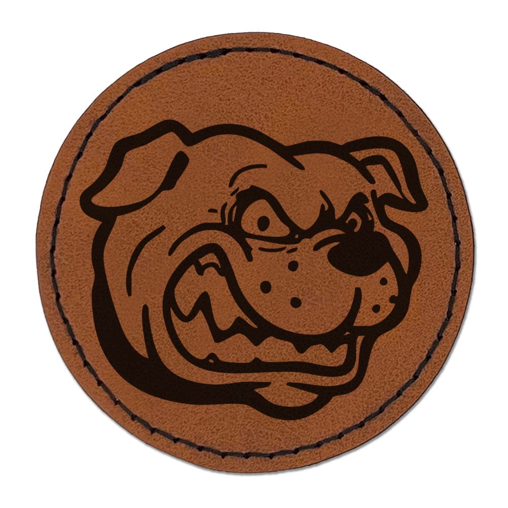 Angry Snarling Cartoon Bulldog Pit Bull Dog Round Iron-On Engraved Faux ...