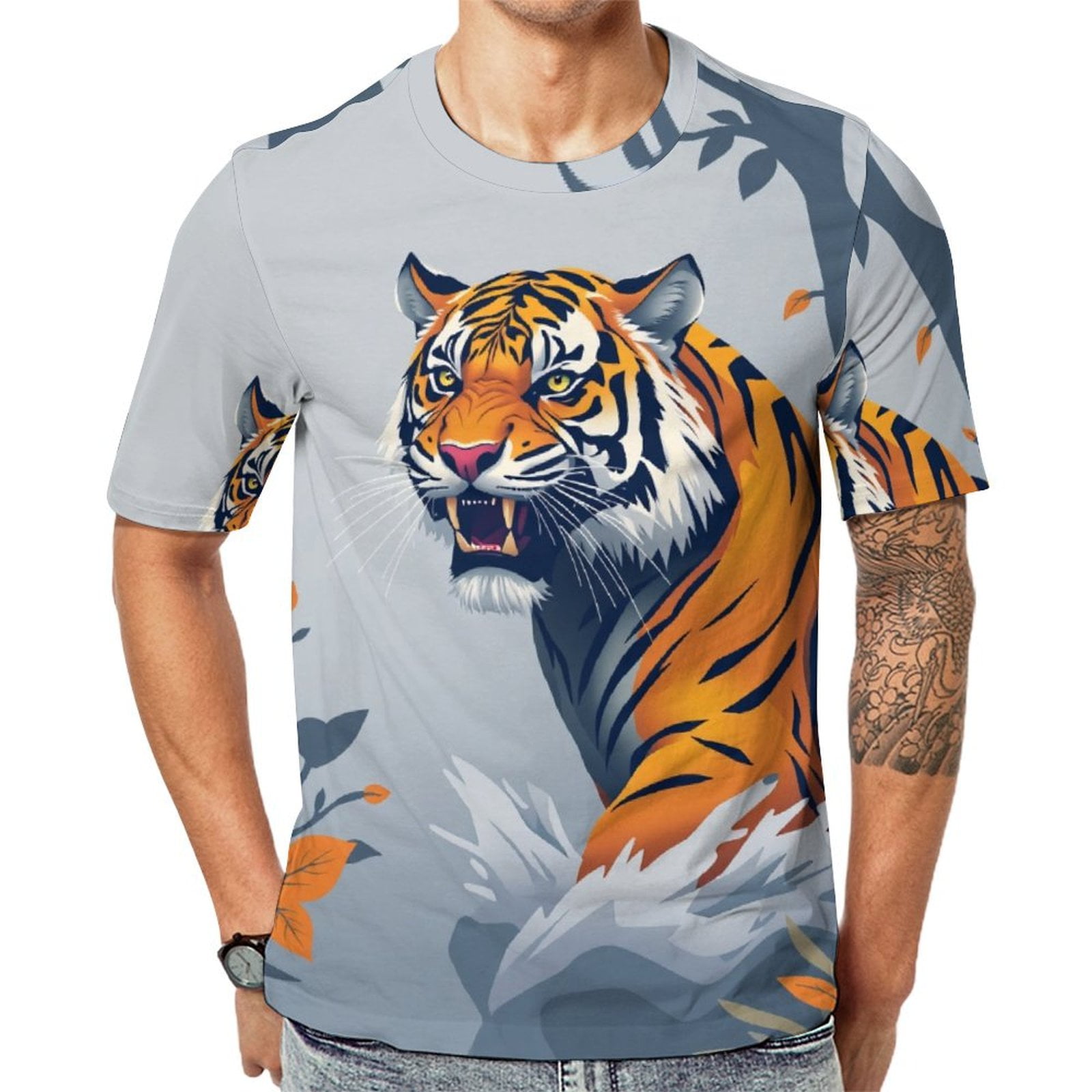 Angry Tiger Nature Artwork Design T-shirt For Men T-Shirts Summer Round ...