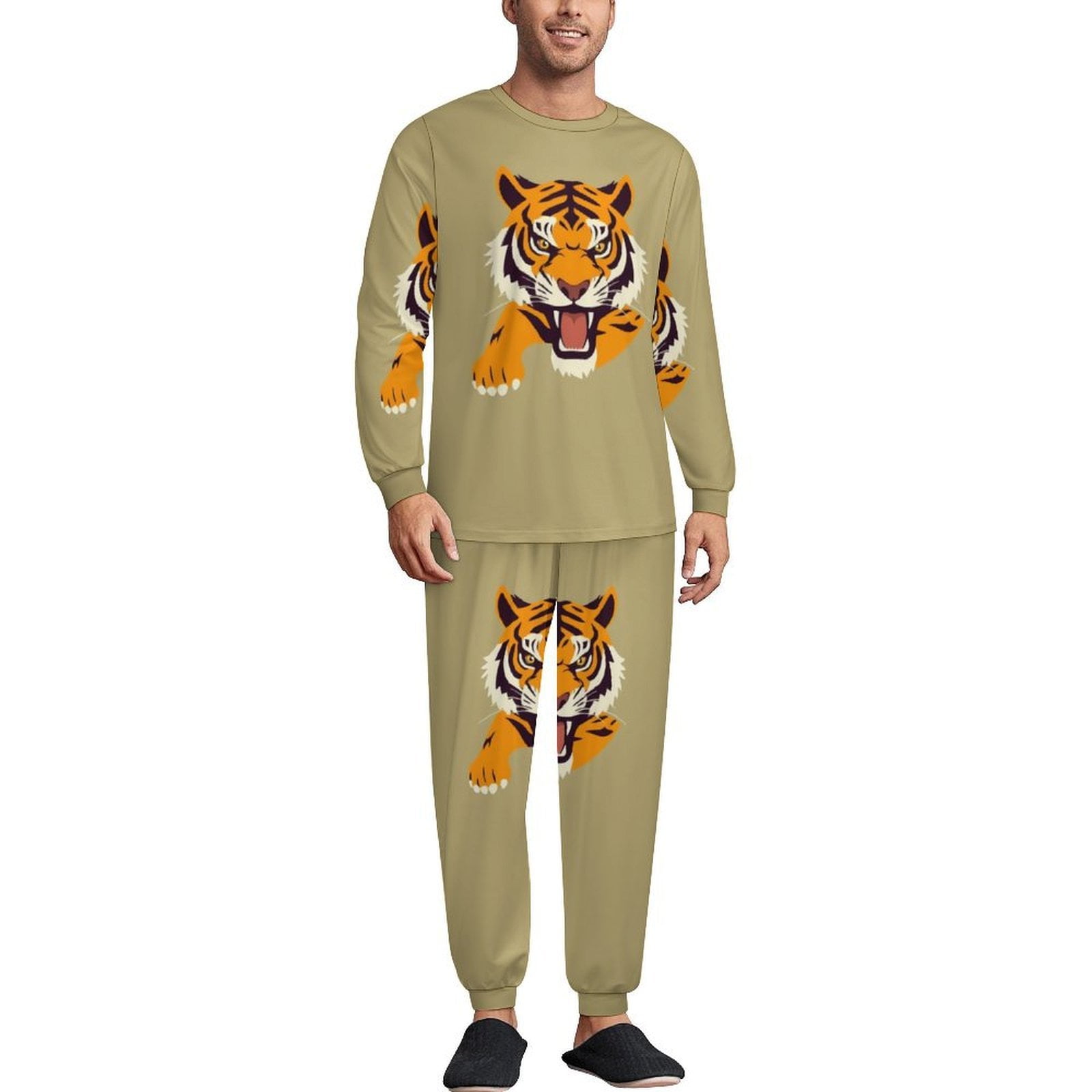 Angry Tiger Peeking Sign Pajamas Mens Warm Sleepwear Autumn Long Sleeve ...
