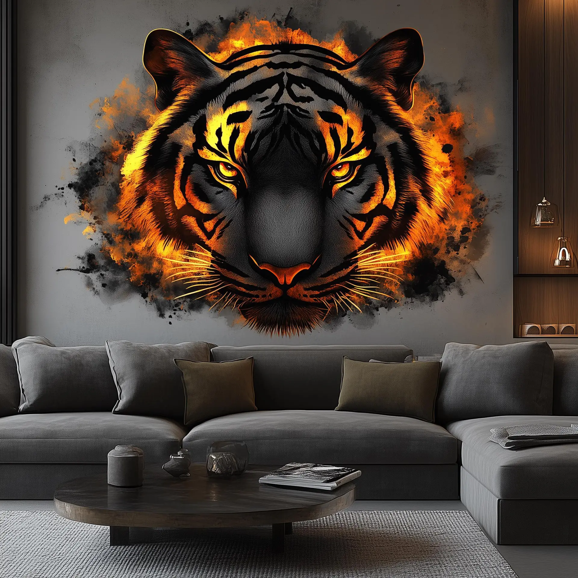 Angry Tiger Wall Decal | Fiery 3D Tiger Face Mural Art | Intense Animal ...