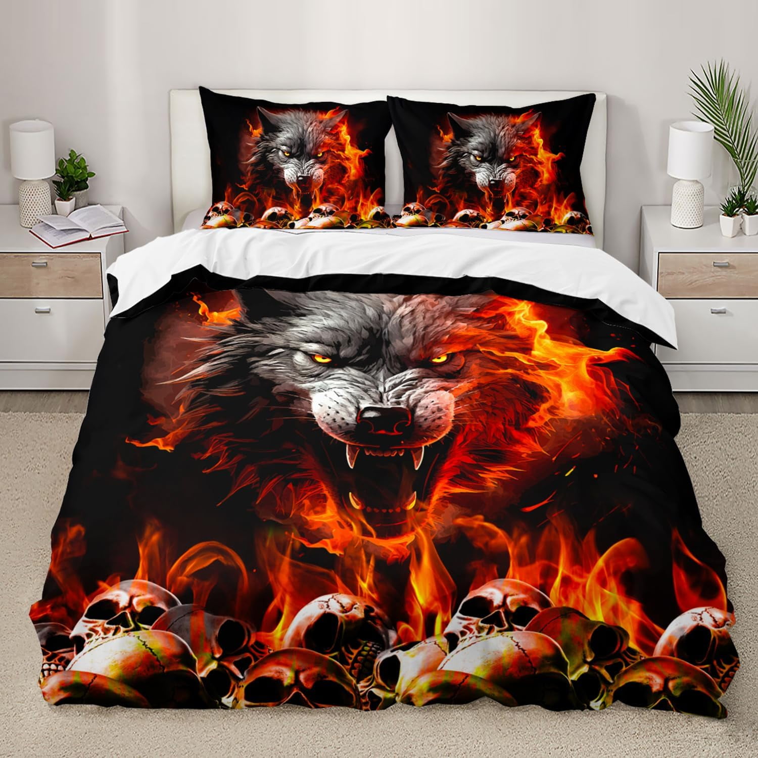 Angry Wolf Duvet Cover Set, 3D Animal Wolf Fire Skull Bedding Set Set ...