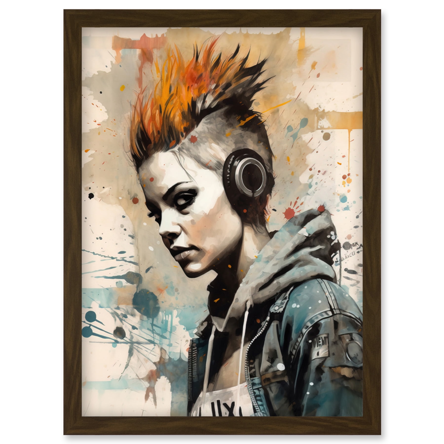 Angry Young Woman with Mohawk Hair and Headphones Modern Watercolour ...