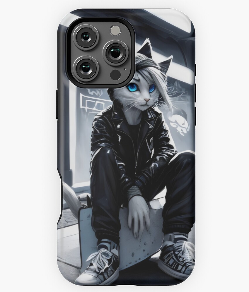 Angular Cat in Black Leather Art N6135 Phone Case for iPhone 17 16 15 ...