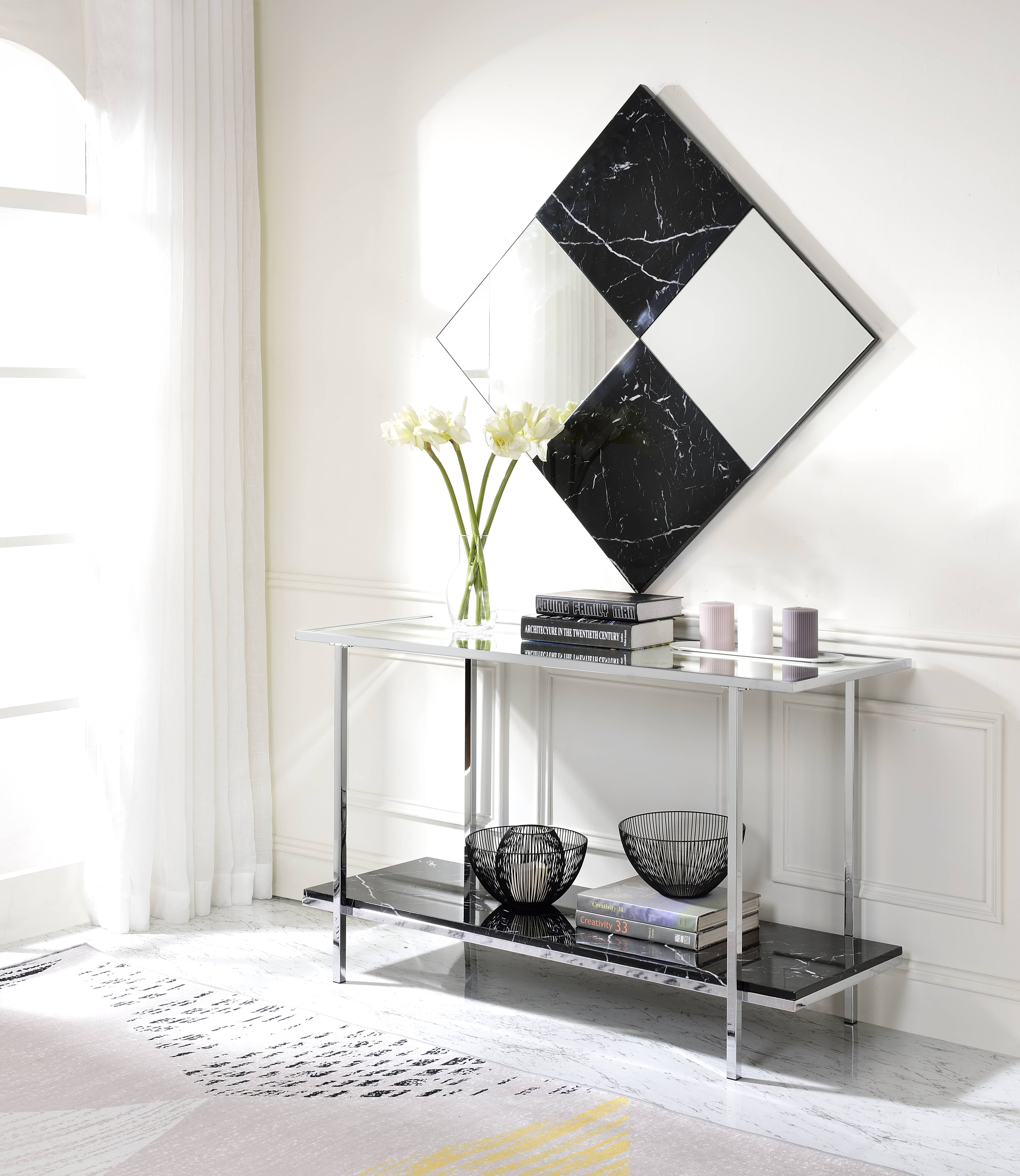 Angwin Mirrored Faux Marble & Chrome Console Table,Multi Metal ...