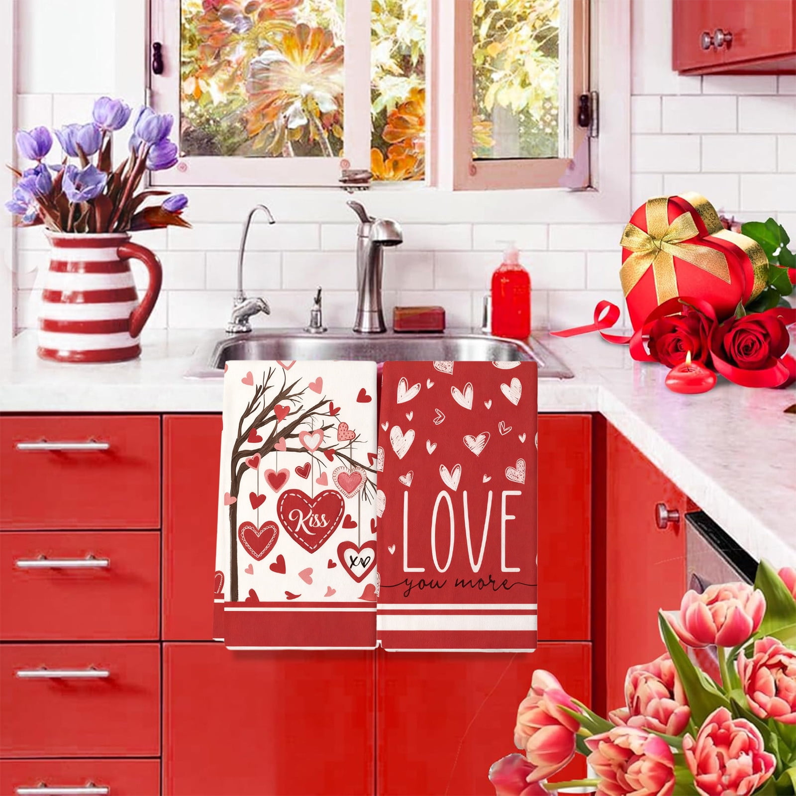 Anhility 2Pcs Valentine's Day Kitchen Towel Love Hearts Dish Towels 23 ...