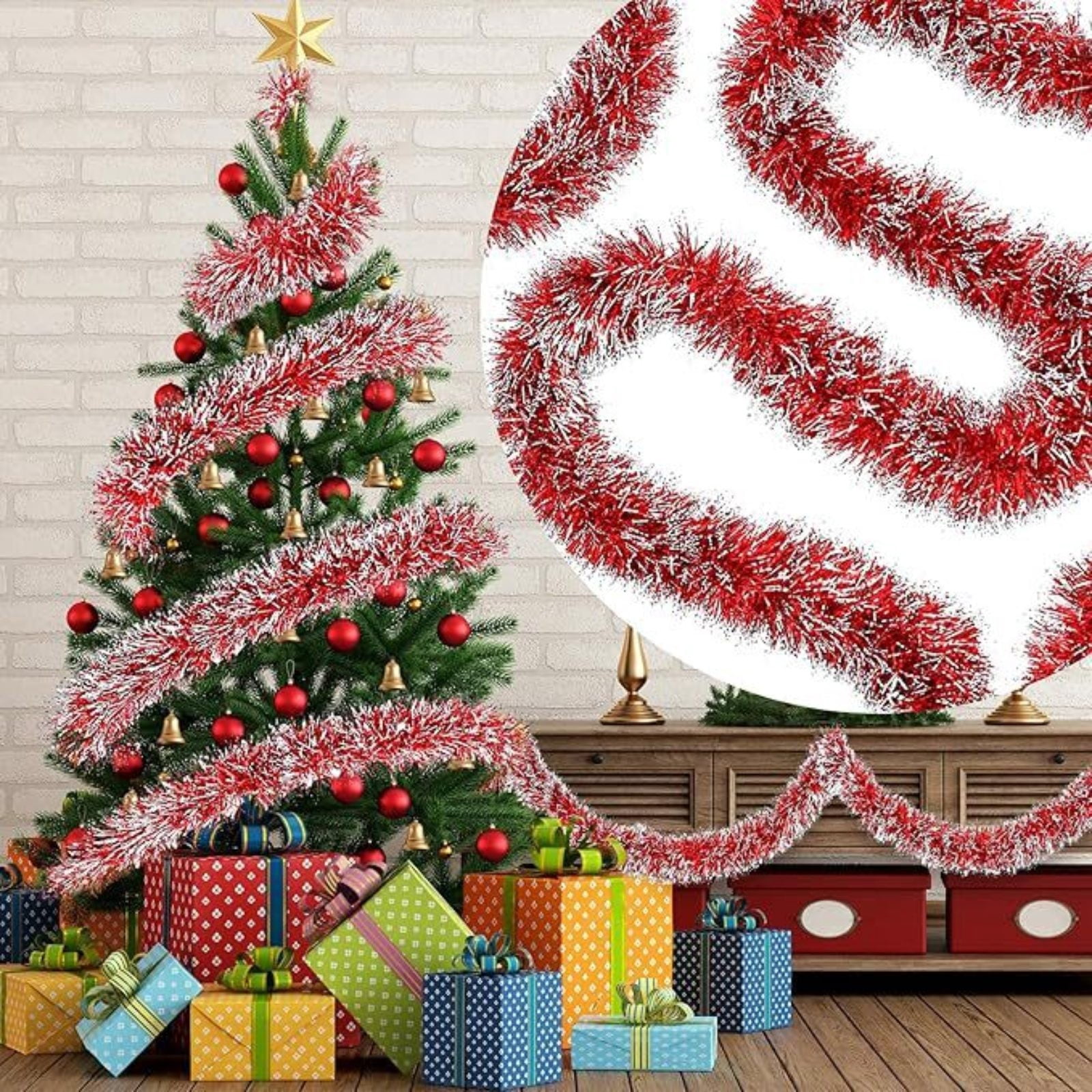 Anhility 78.74in Christmas Tinsel Garland Decor Glitter Metallic Twist ...