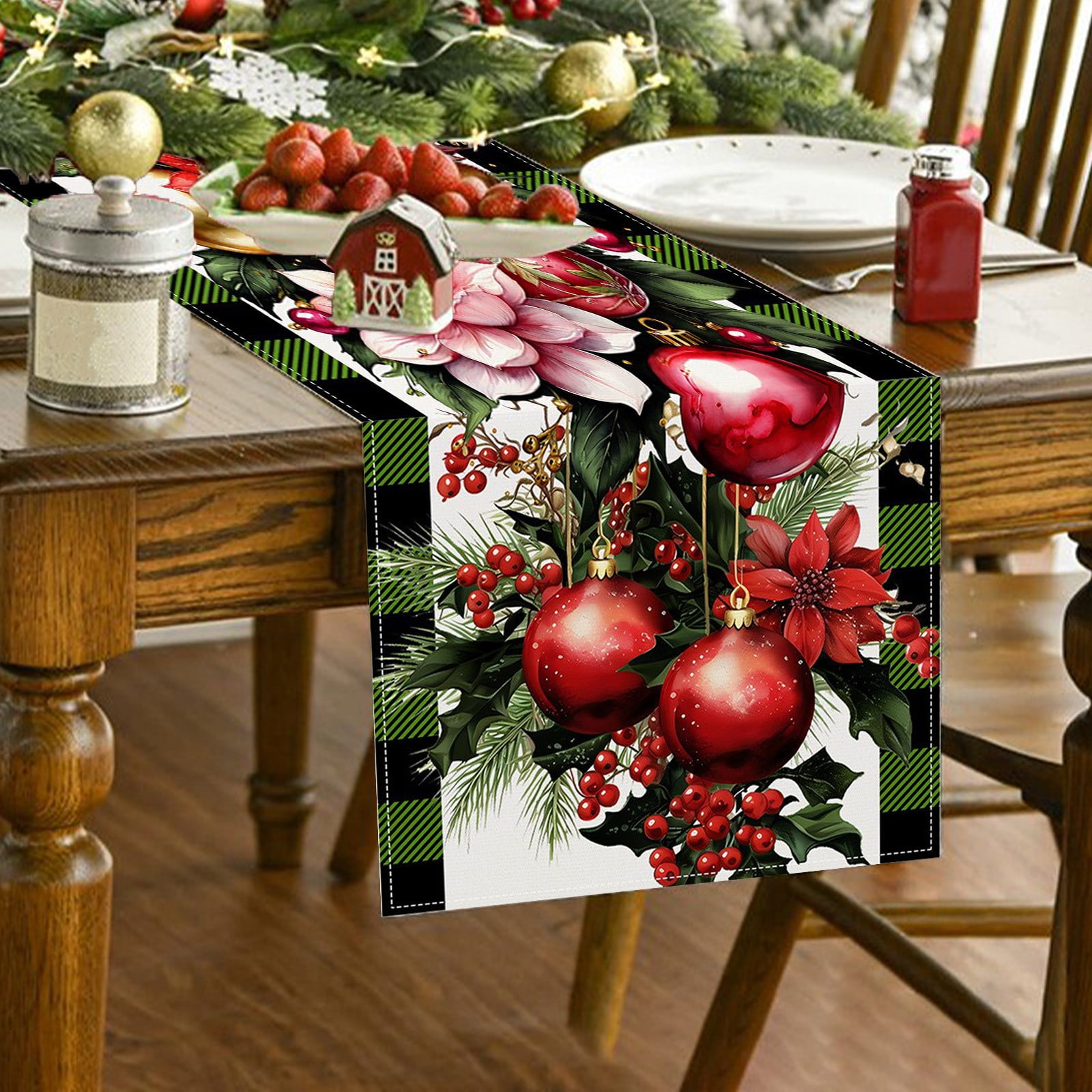 Anhility Christmas Ball Table Runner, Rustic Christmas Ball Pattern ...