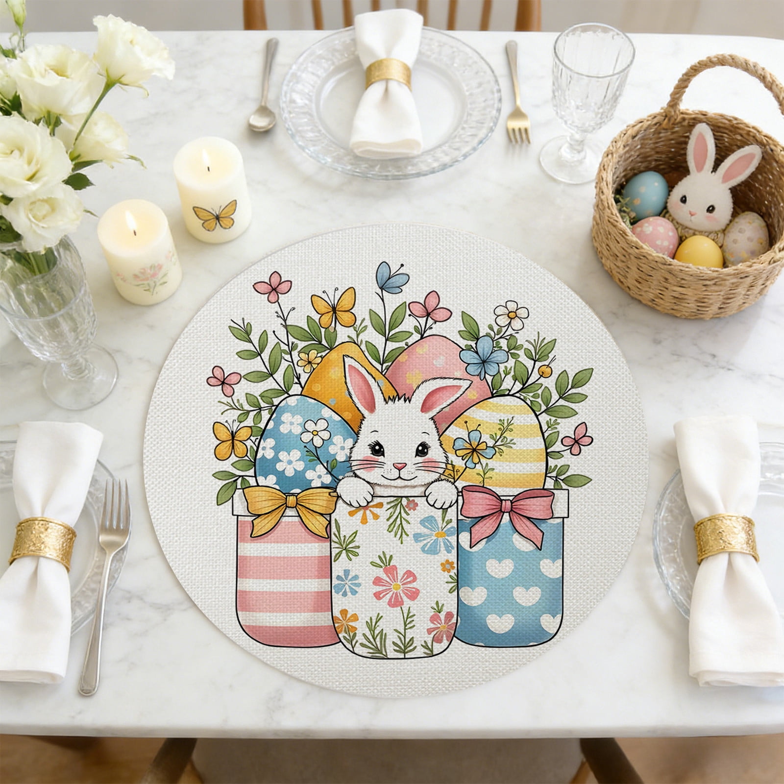 Anhility Easter Bunny Table Placemats, Round Cute Bunny & Eggs Pattern ...