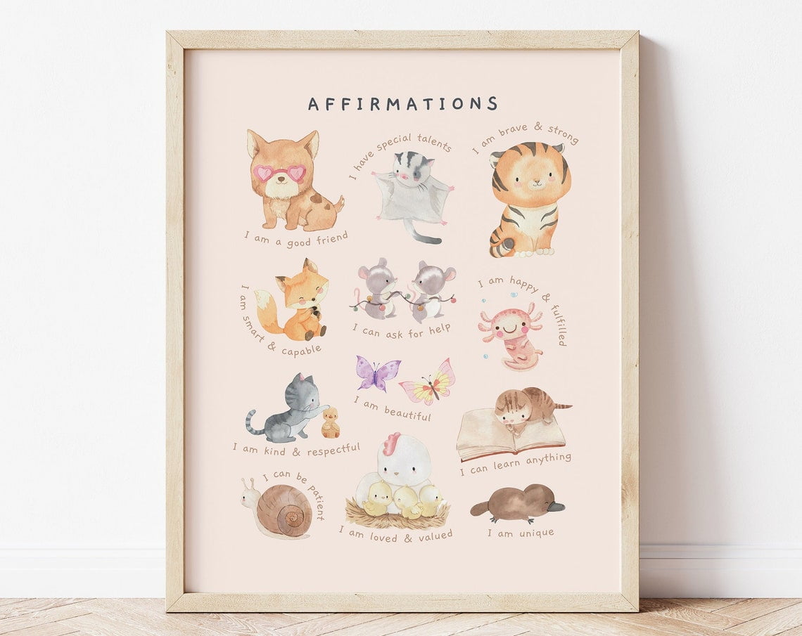 Animal Affirmation Quotes Educational Poster, Watercolor Cute Calm ...