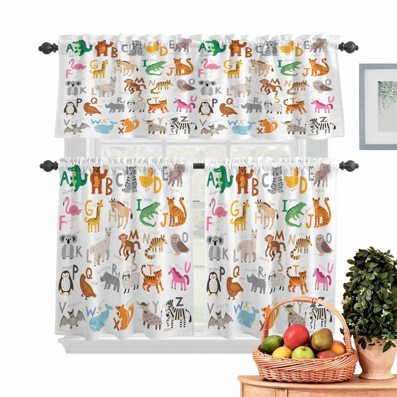 Animal Alphabets Kitchen Curtains Valances 3 Piece Set, Cartoon ...