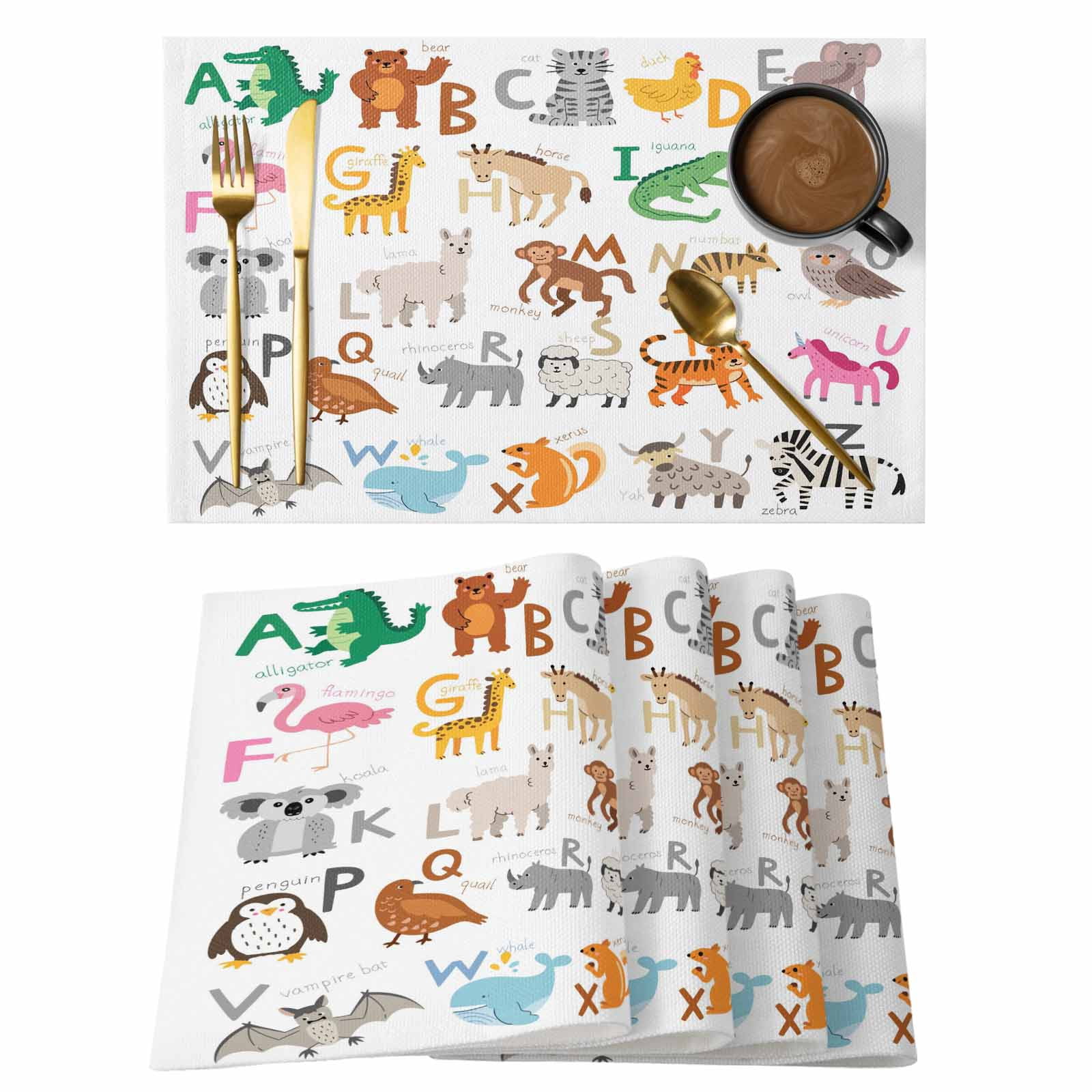 Animal Alphabets Placemats Set of 2 Cartoon Colorful Simple Cute ...