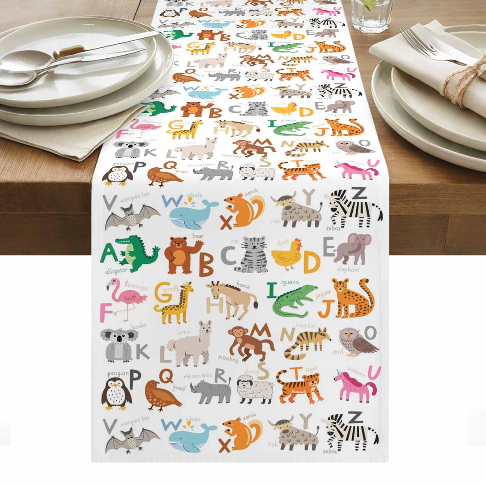 Animal Alphabets Table Runner 13 x 90 Inch, Cartoon Colorful Simple ...