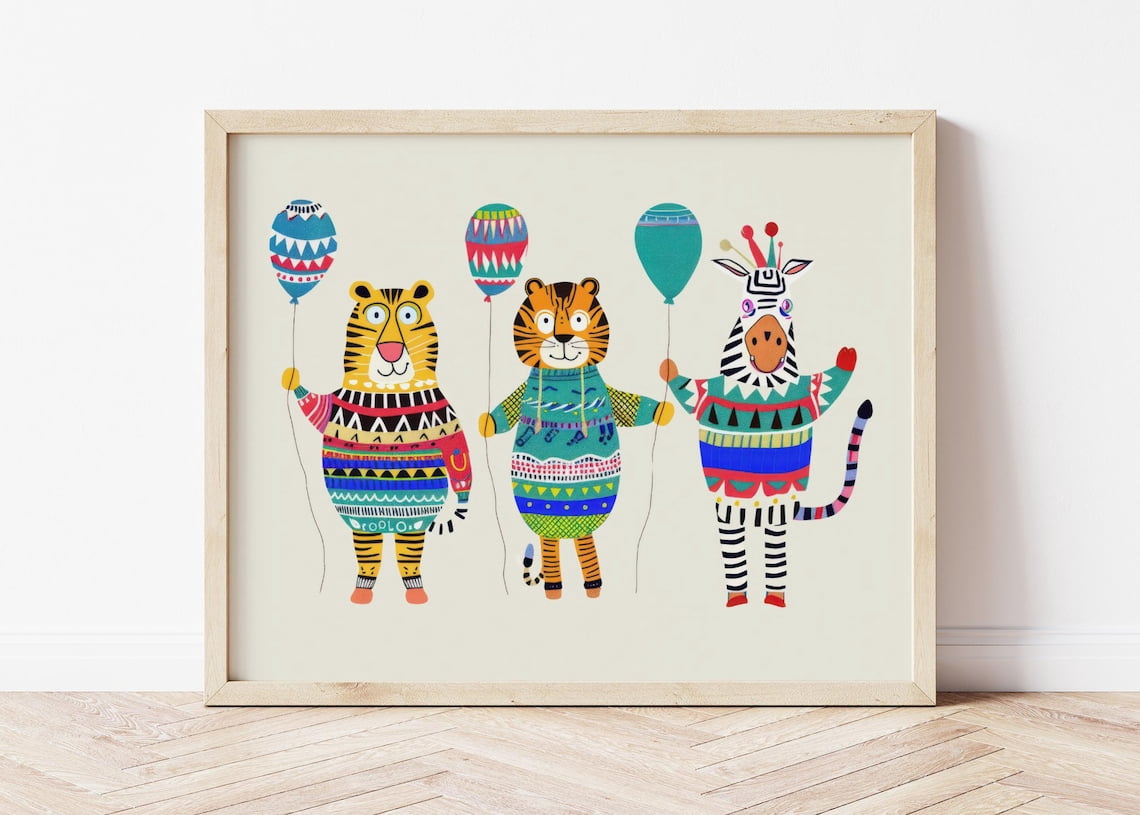 Animal Balloon Nursery Art Poster: Zebra, Tiger, Playroom, Unframed ...