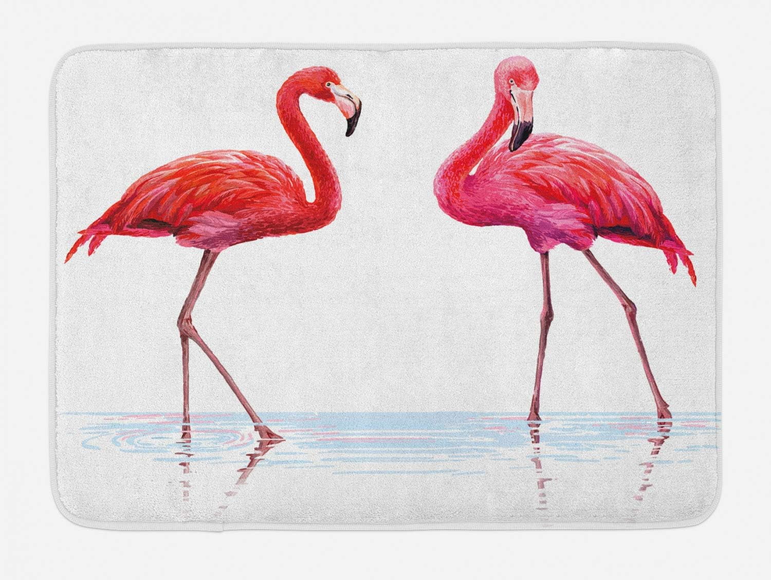Animal Bath Mat, 2 Hand Drawn Flamingos in Pink Colors on Seaside ...