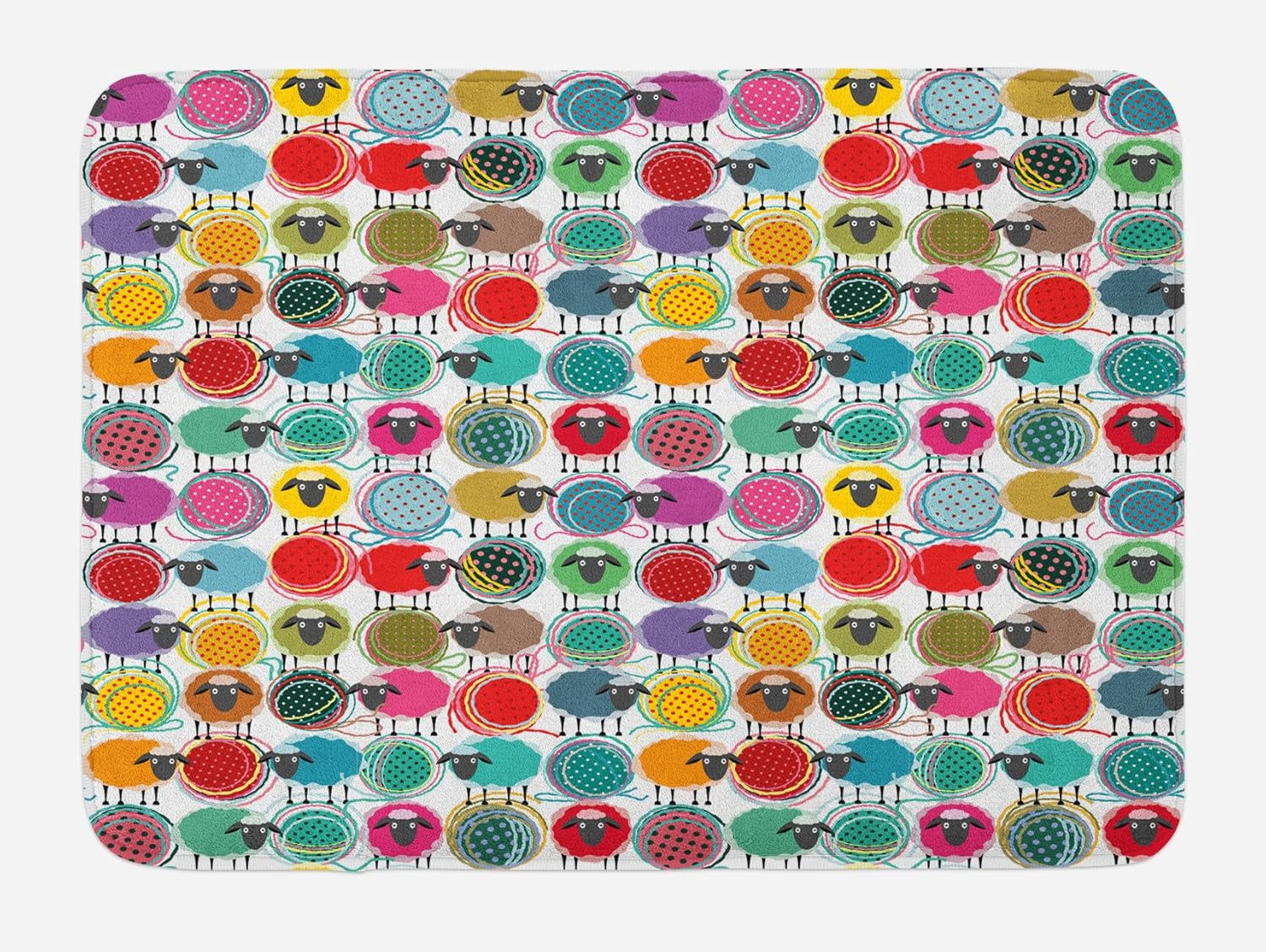 Animal Bath Mat, Colorful Sheep Yarn Ball Design Barnyard Fauna Polka ...