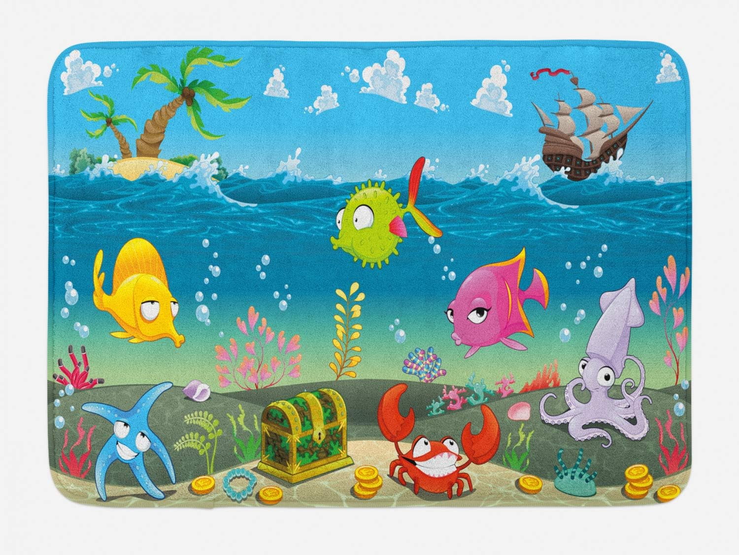 Animal Bath Mat, Funny Sea Animals Underwater Ocean View Sail Boat Palm ...