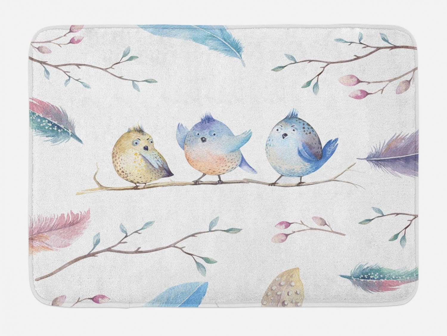 Animal Bath Mat, Hand Drawn Birds Sitting on Branch Cartoon in Boho ...
