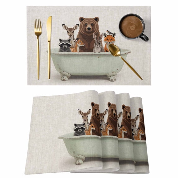 Animal Bathtub Cotton Linen Placemats Set of 1, Watercolor Cute Bear ...