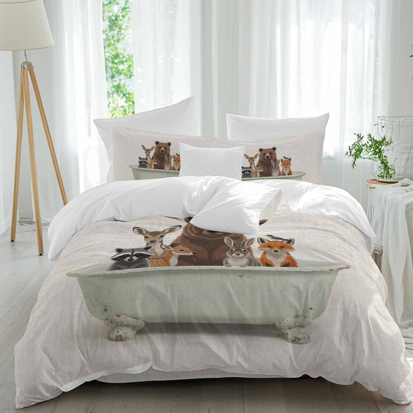 Animal Bathtub Duvet Cover Set Twin Size, Watercolor Cute Bear Deer Fox ...