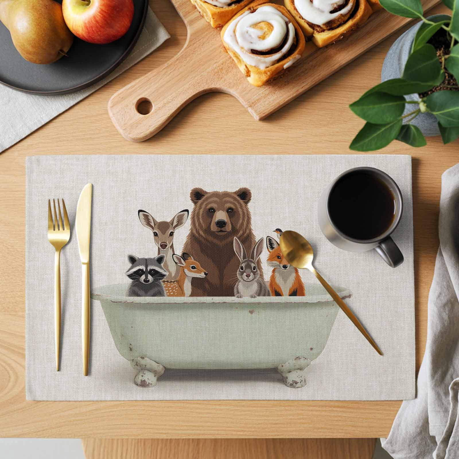 Animal Bathtub Placemats Set of 2, Watercolor Cute Bear Deer Fox Rabbit ...