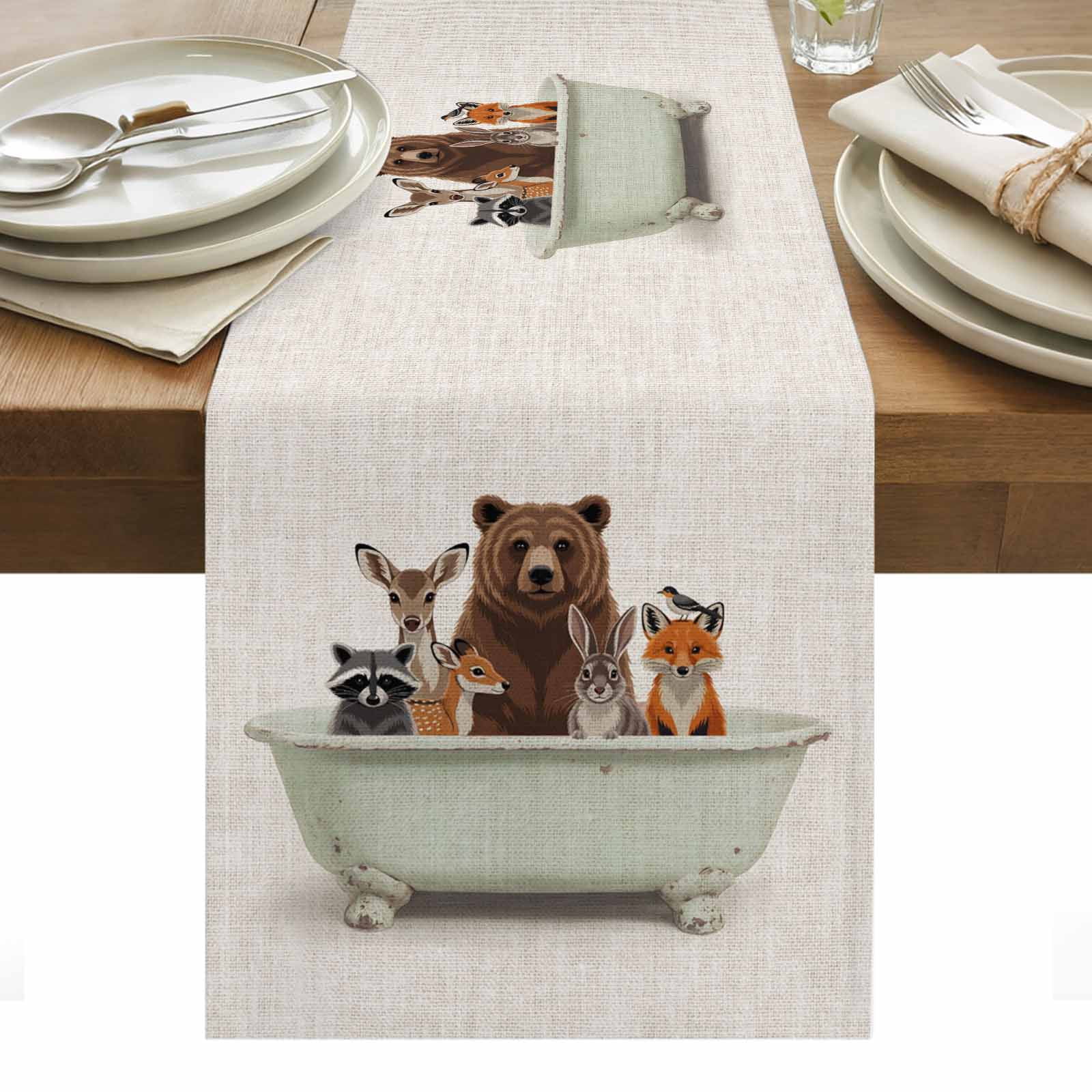 Animal Bathtub Table Runner 13 x 90 Inch, Watercolor Cute Bear Deer Fox ...