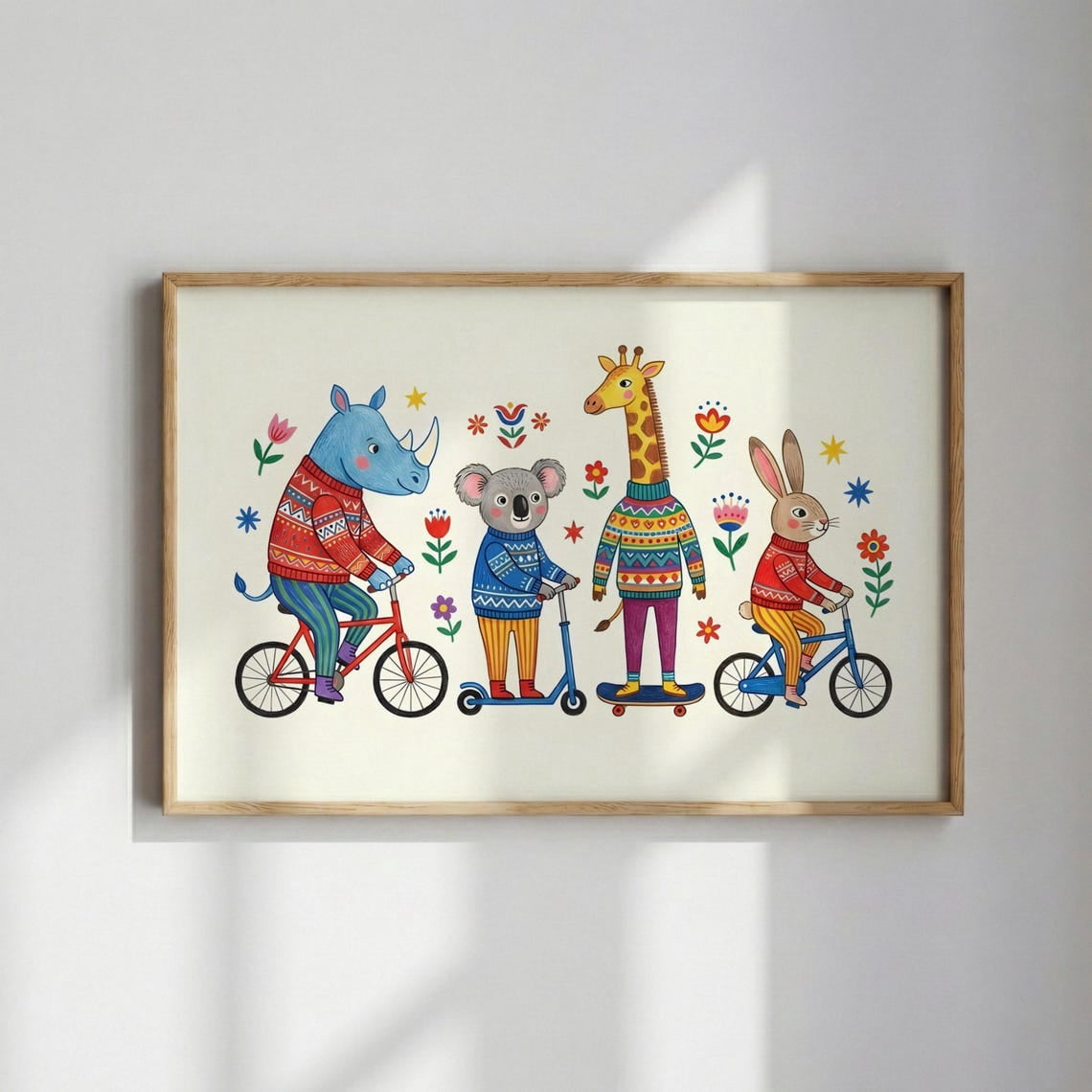 Animal Bike Parade Whimsical Jungle Nursery Cute Kids Playroom Decor ...