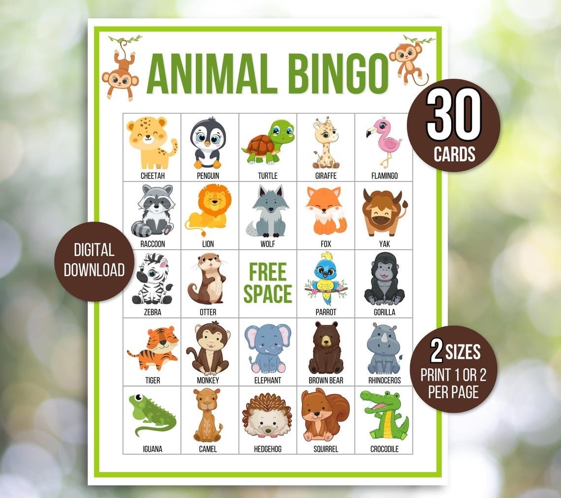 Animal Bingo, 30 Printable Zoo and Animal Cards, Bingo Game for Parties ...