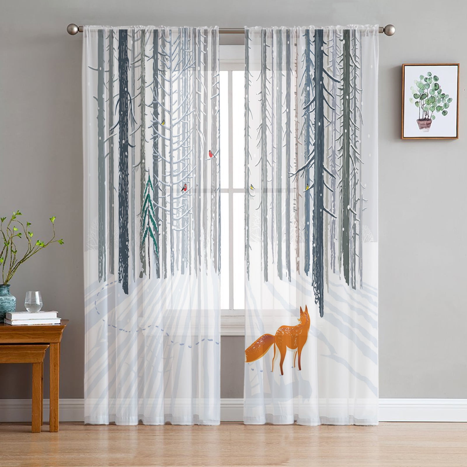 Animal Bird Fox Forest Winter Birch Tree Sheer Curtains for Living Room ...