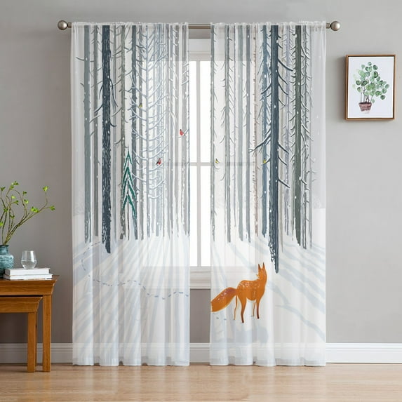 Animal Bird Fox Forest Winter Birch Tree Sheer Curtains for Living Room ...