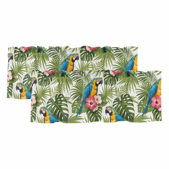 Animal Blue Parrot 2 Panels Kitchen Valance, Pink Red Flower Green Leaf ...