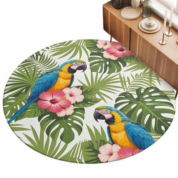 Animal Blue Parrot Area Rugs 5' (Round) Pink Red Flower Green Leaf ...