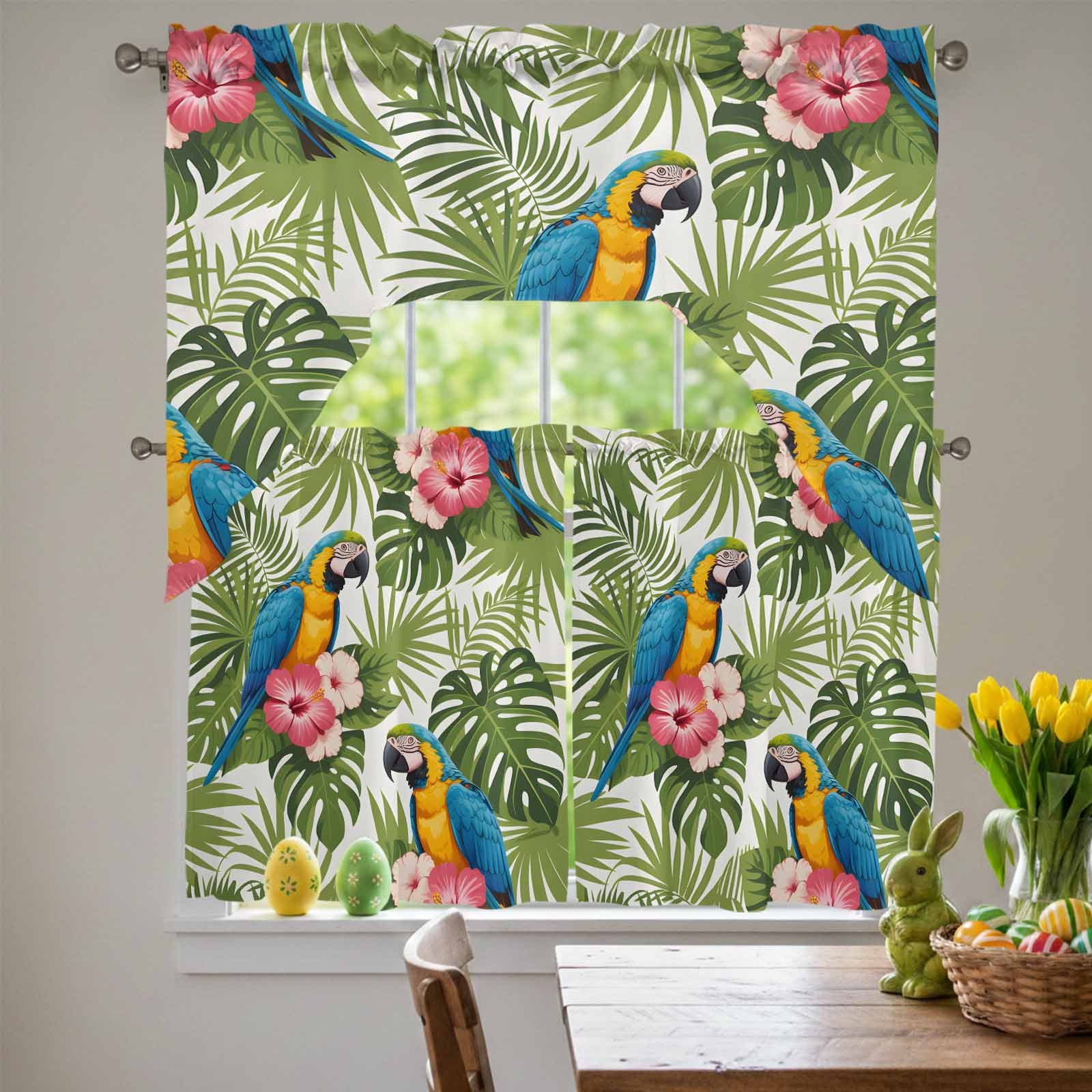 Animal Blue Parrot Swag Curtains Valance & Tier Set, Pink Red Flower ...