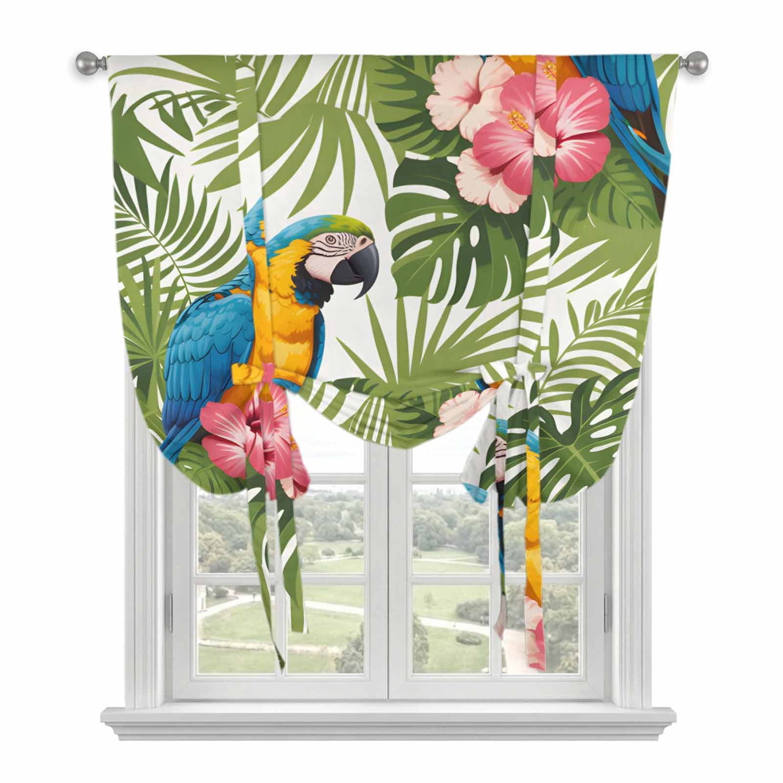 Animal Blue Parrot Tie Up Curtain for Window, Pink Red Flower Green ...