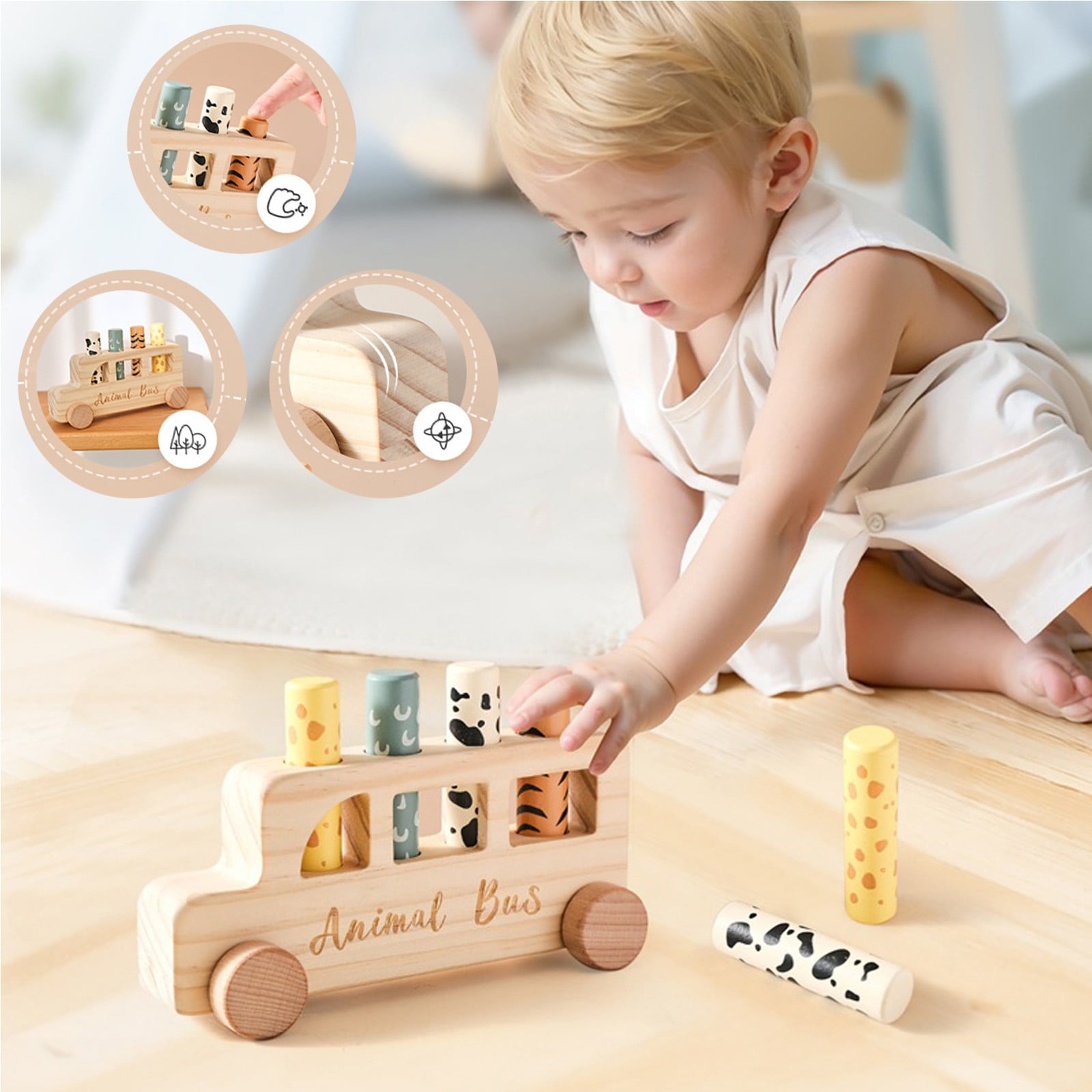 Animal Bus Wooden Toy Educational Baby Toy with Pop-up Bounce Feature ...