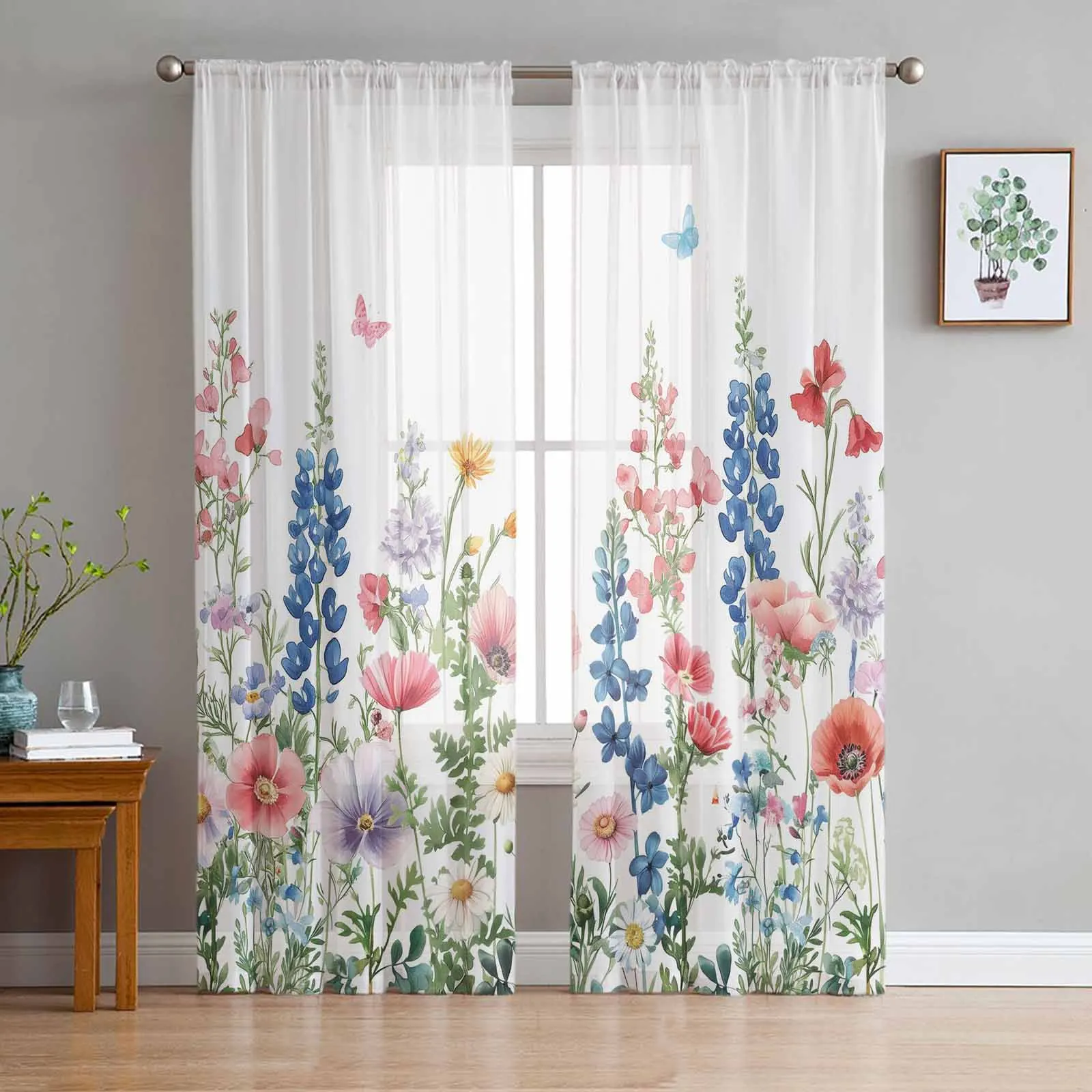 Animal Butterfly Flower Blue Rose Water Waves Tulle Sheer Curtains for ...