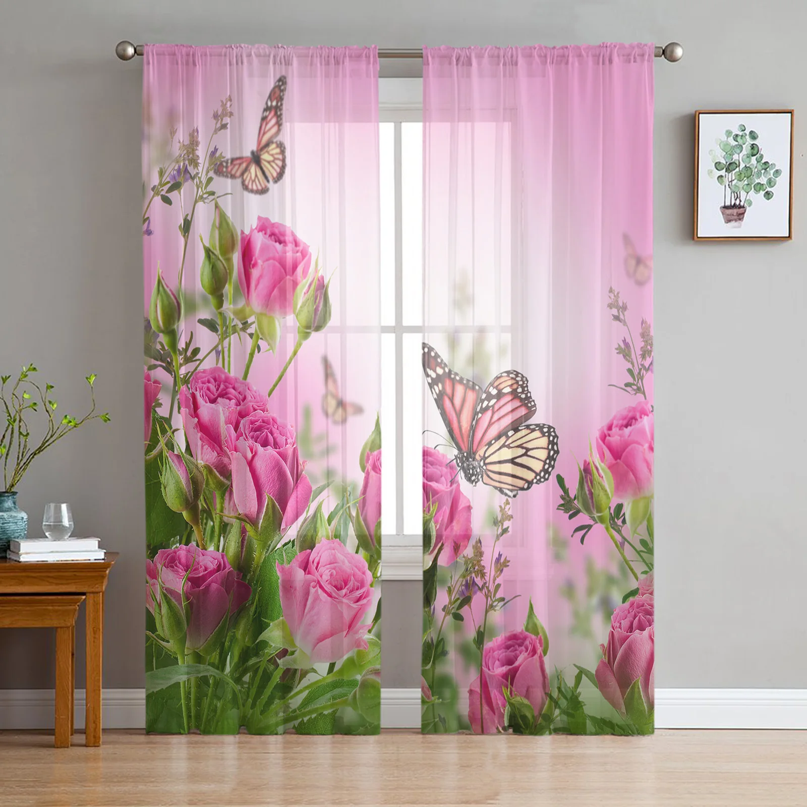Animal Butterfly Flower Blue Rose Water Waves Tulle Sheer Curtains for ...