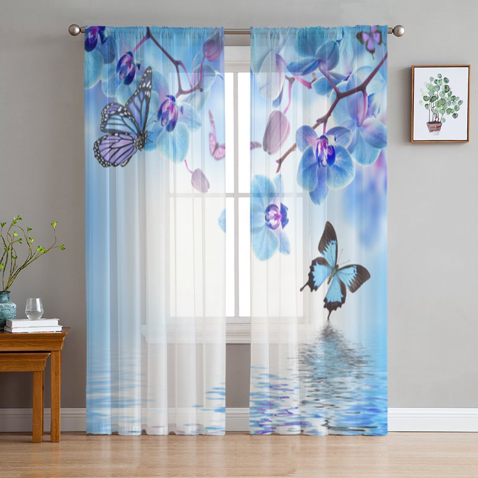 Animal Butterfly Flower Blue Rose Window Tulle Curtains for Living Room ...
