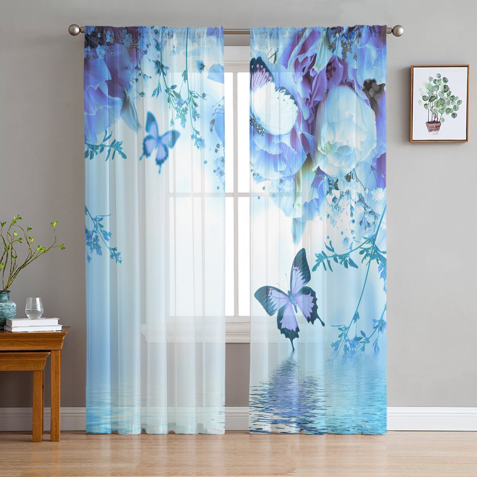 Animal Butterfly Flower Blue Rose Window Tulle Curtains for Living Room ...