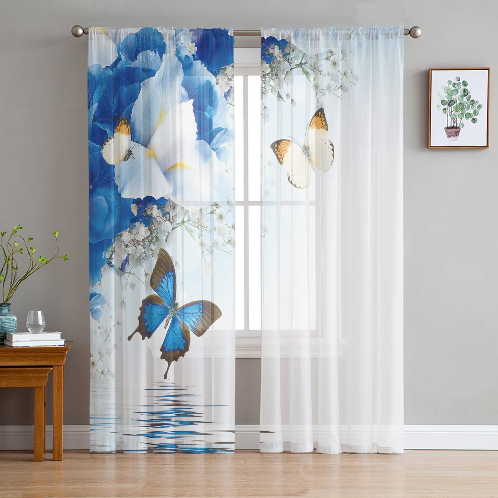 Animal Butterfly Flower Blue Rose Window Tulle Curtains for Living Room ...