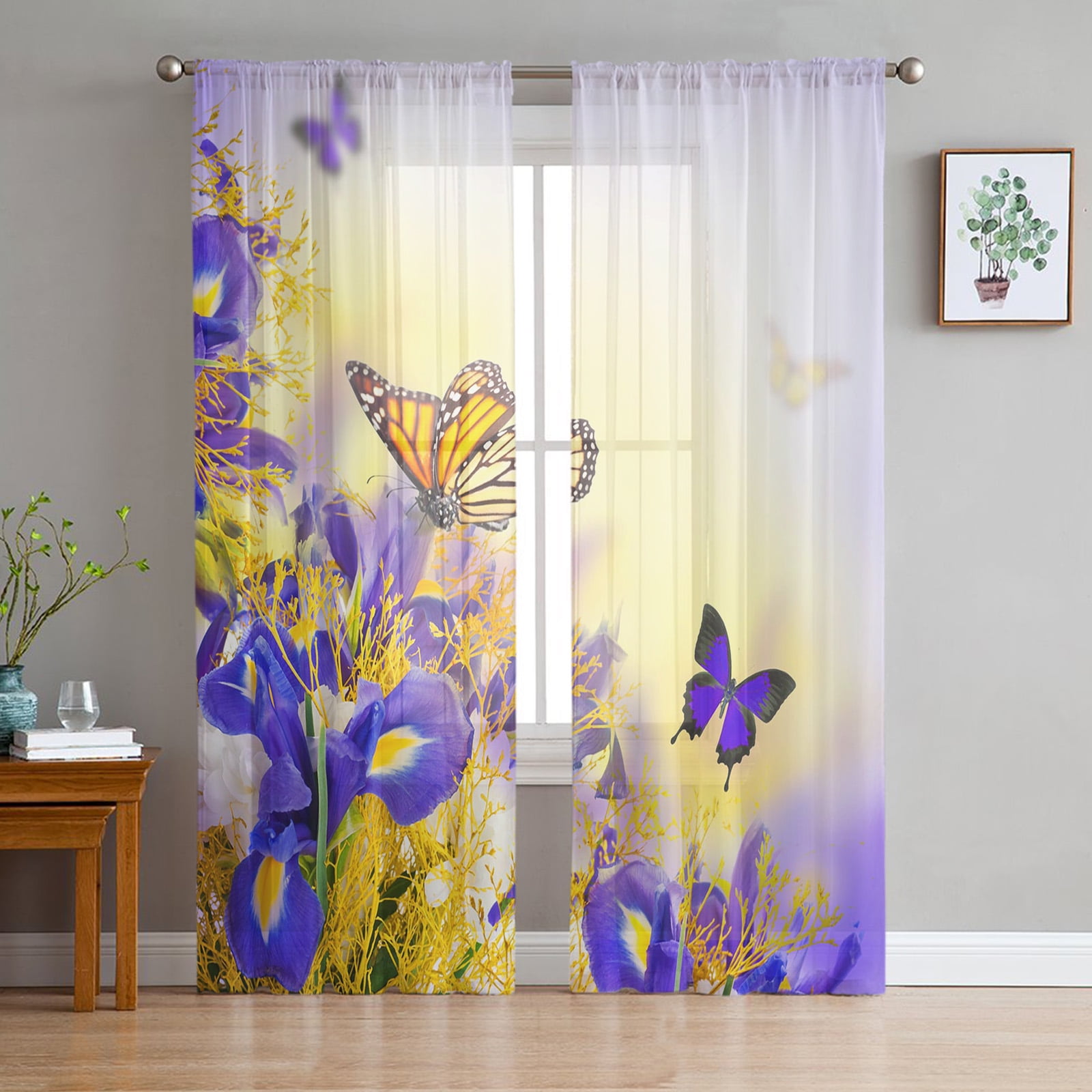 Animal Butterfly Flower Blue Rose Window Tulle Curtains for Living Room ...