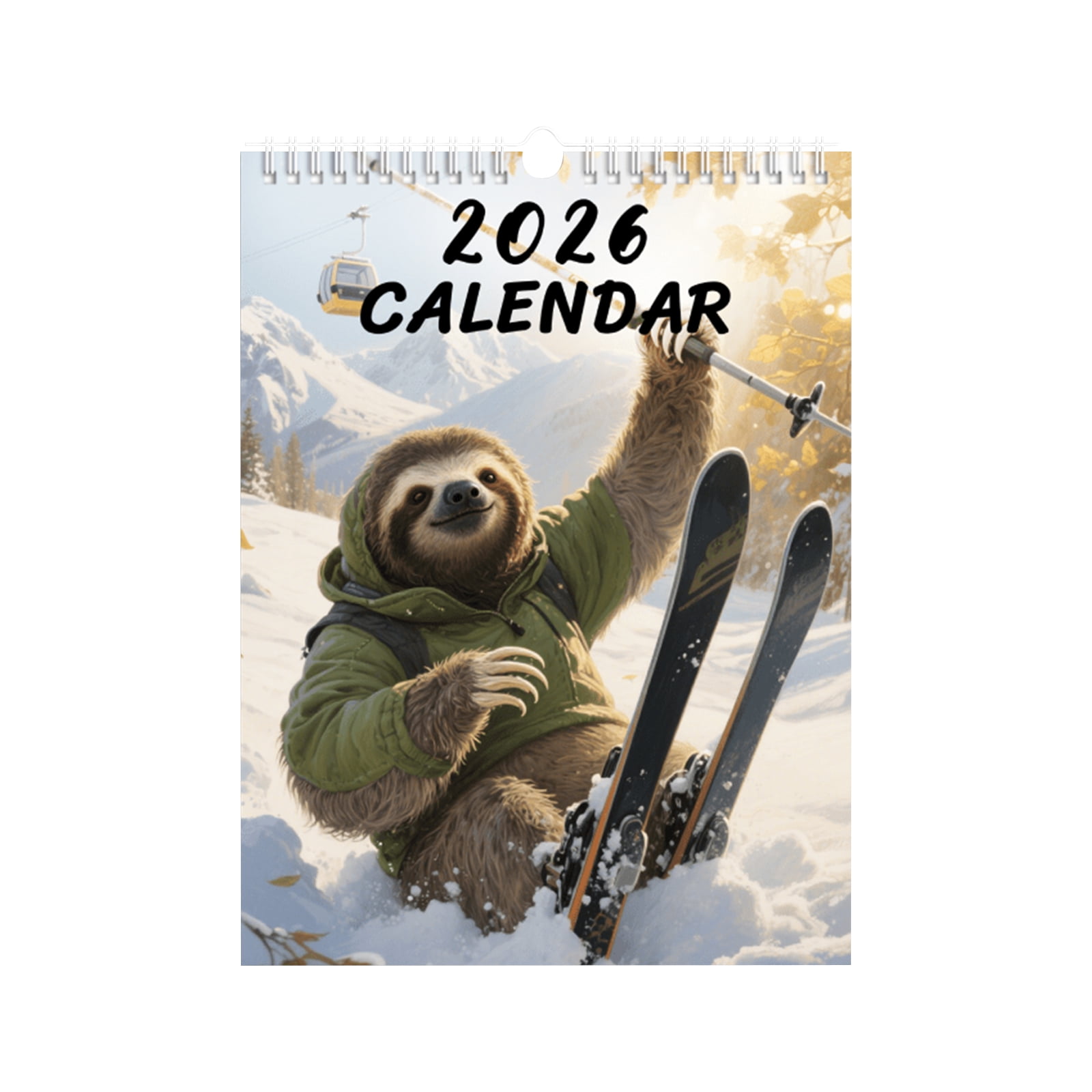2026 Sloth Skiing Themed Funny Wall Calendar Cute Anthropomorphic ...
