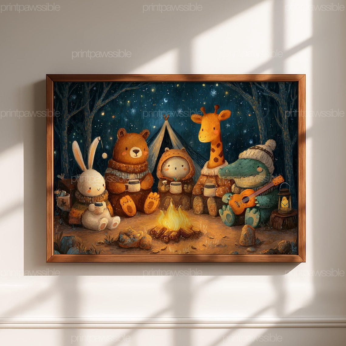 Animal Campfire Night Print Cozy Nursery Wall Art Whimsical Friends ...