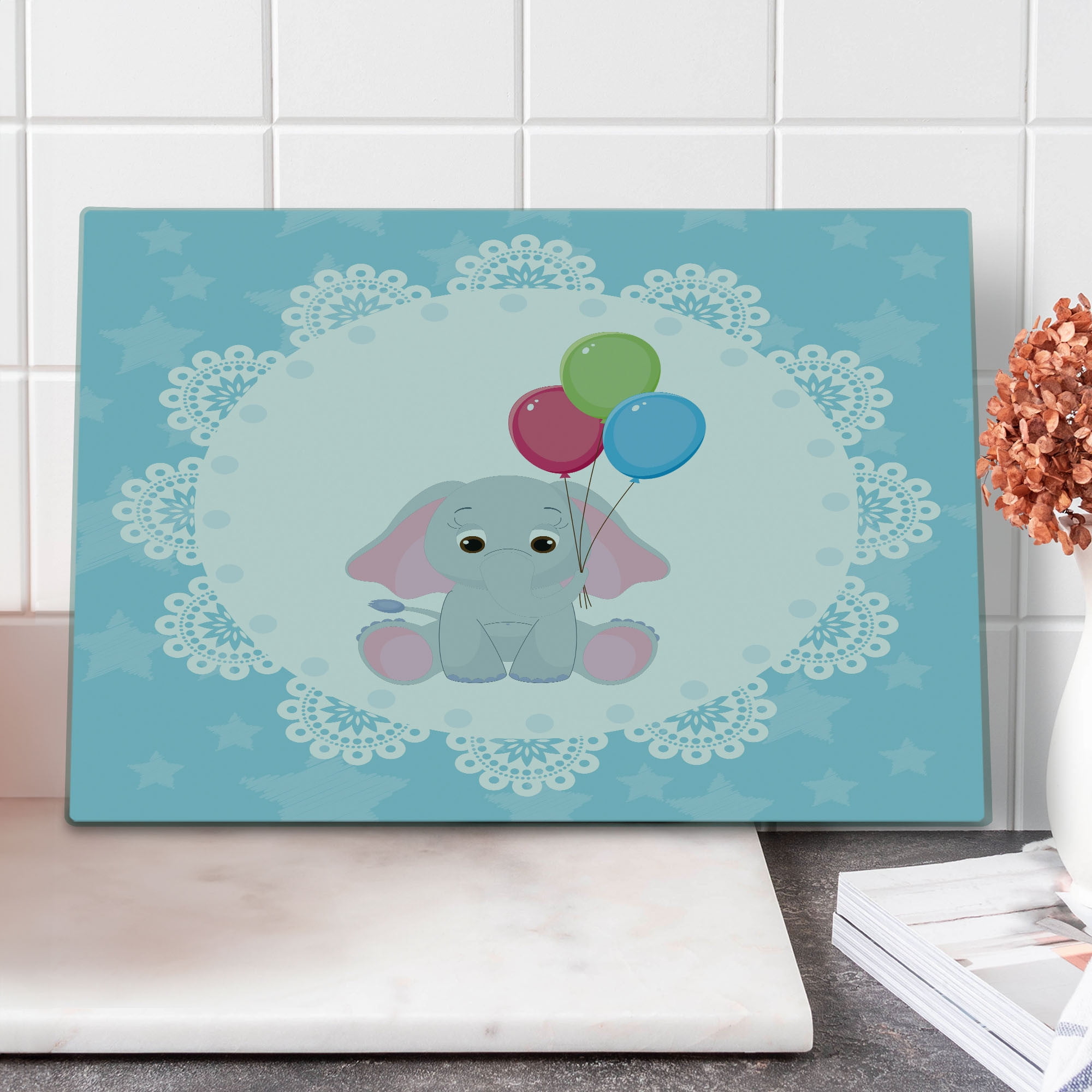 Animal Cartoon Cutting Board, Stars with Ornate Motifs Animal in Circle ...