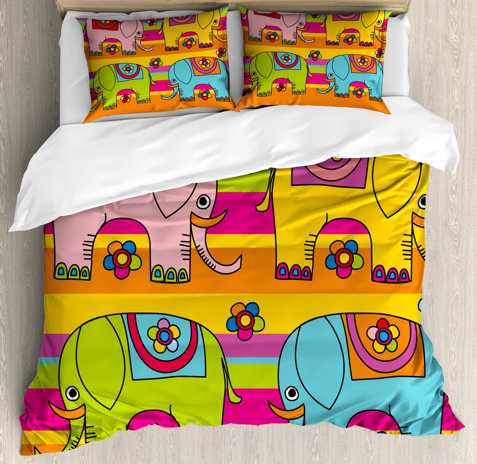 Animal Cartoon Duvet Cover Set, Funky Floral EasternColorful Hand Drawn ...