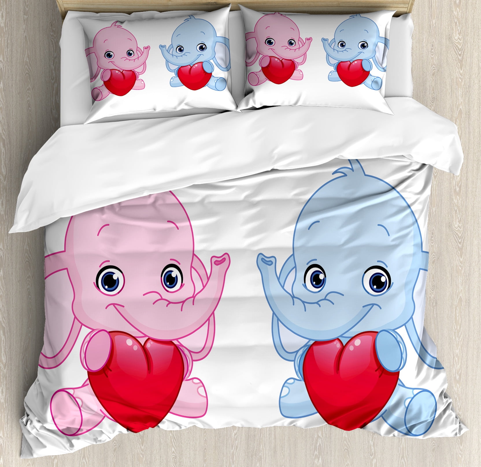 Animal Cartoon Duvet Cover Set, Pink and Blue Holding Hearts Smiling ...
