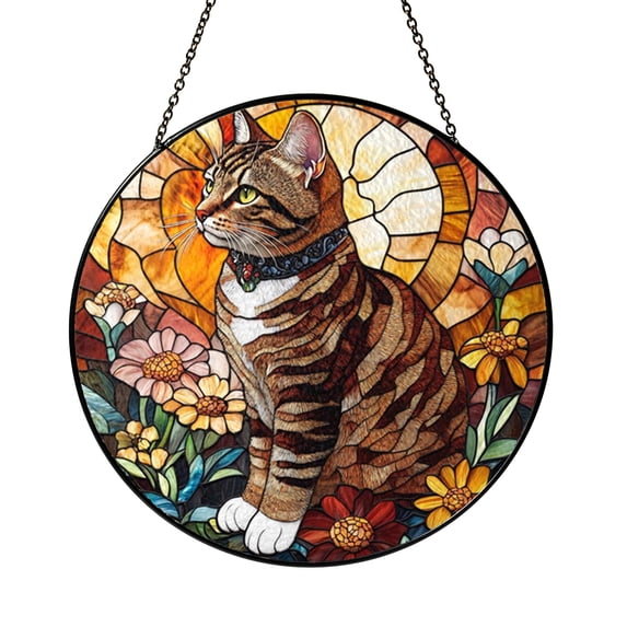Animal Cat Stained Glass Suncatcher, Decorative Floral Window Hanging ...
