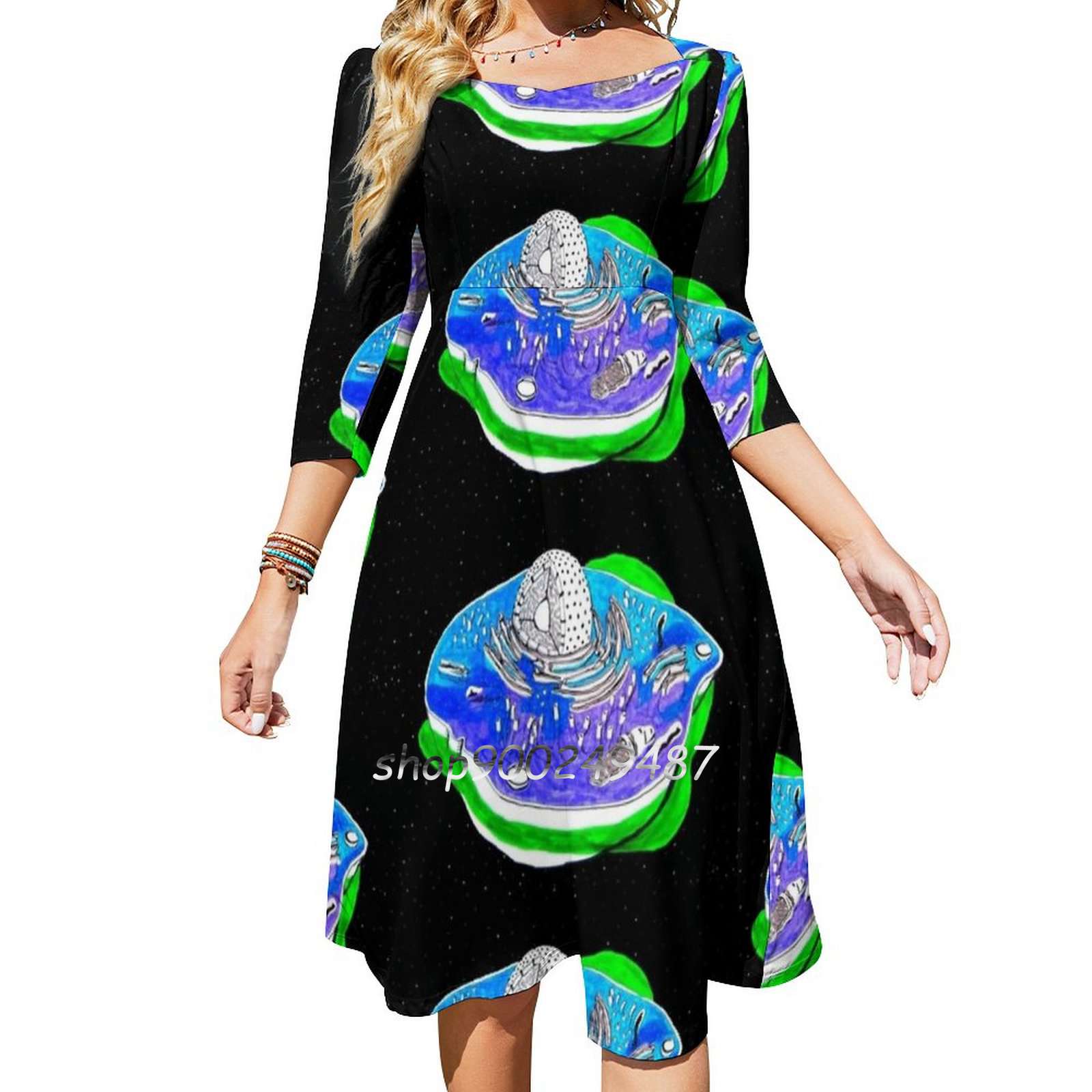 Animal Cell Sweet Elegant Dress Women Korean Kawaii Square Collar Dress ...
