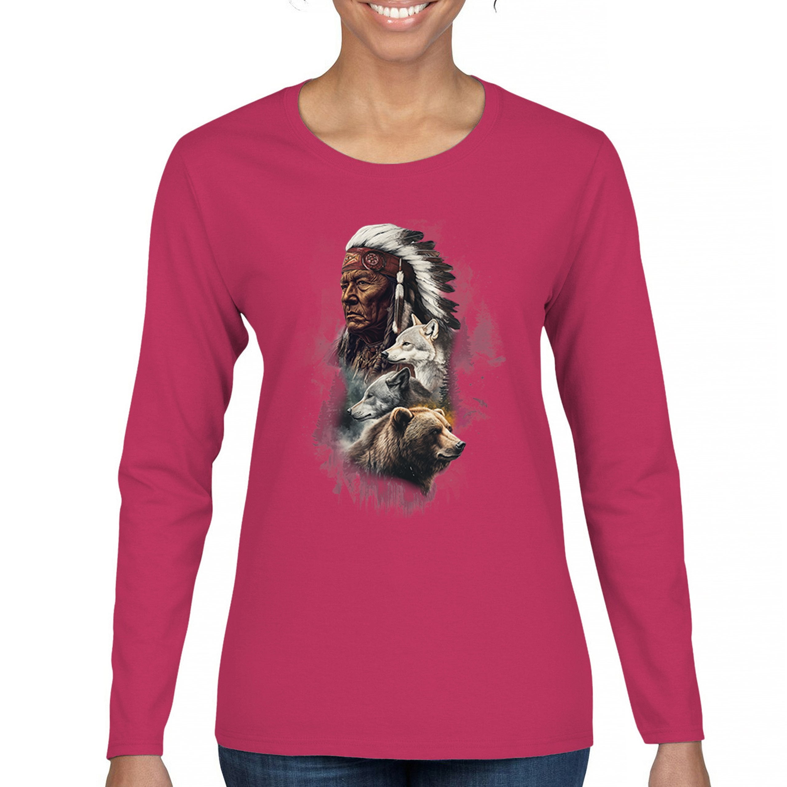 Animal Chief Women's Long Sleeve T-shirt Native American Spirit Tribal ...