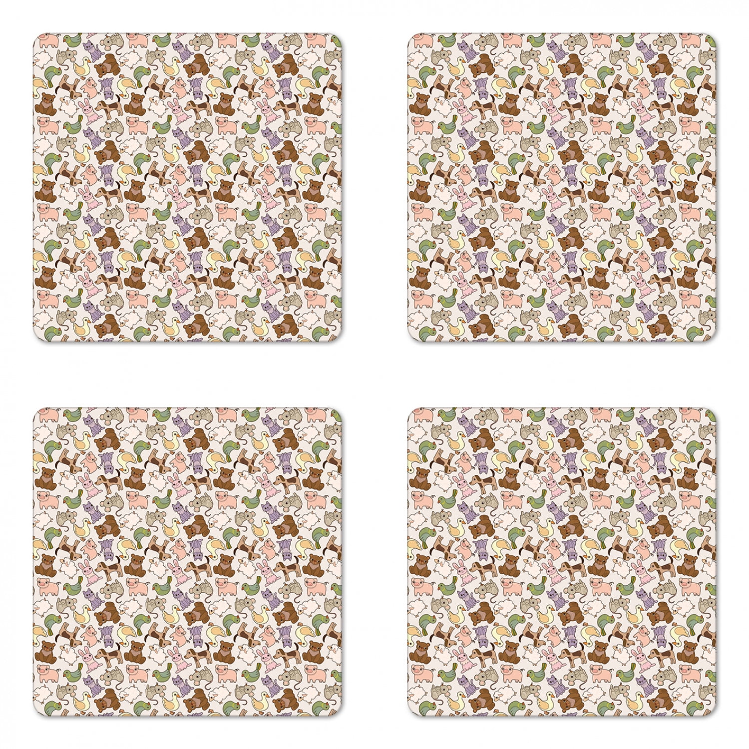Animal Coaster Set of 4, Children Cartoon Drawing Style Animals Pigeons ...